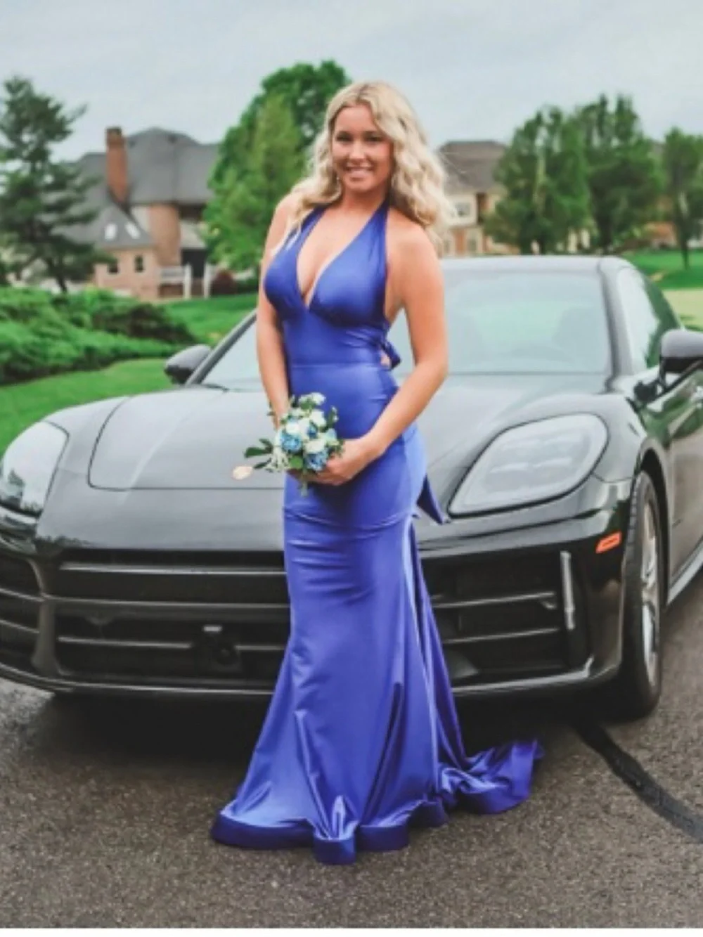 Jessica Angel | Dresses | Satin Plunge Halter Prom Gown In Royal Blue ...